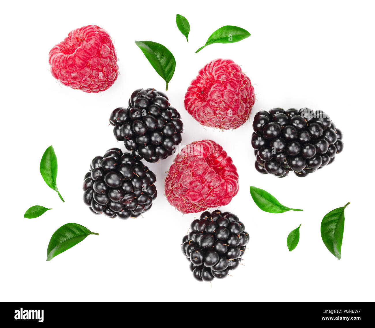 blackberry and raspberry with leaves isolated on white background. Top ...