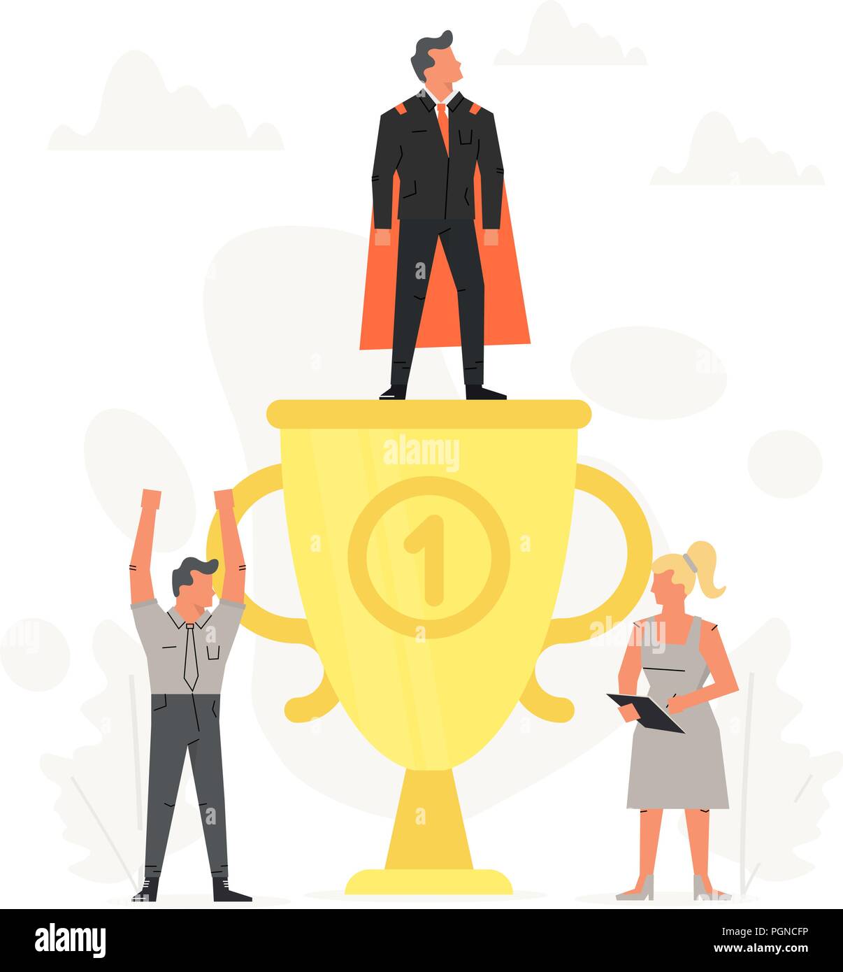 Successful and young businessman on podium. Little man standing on ...