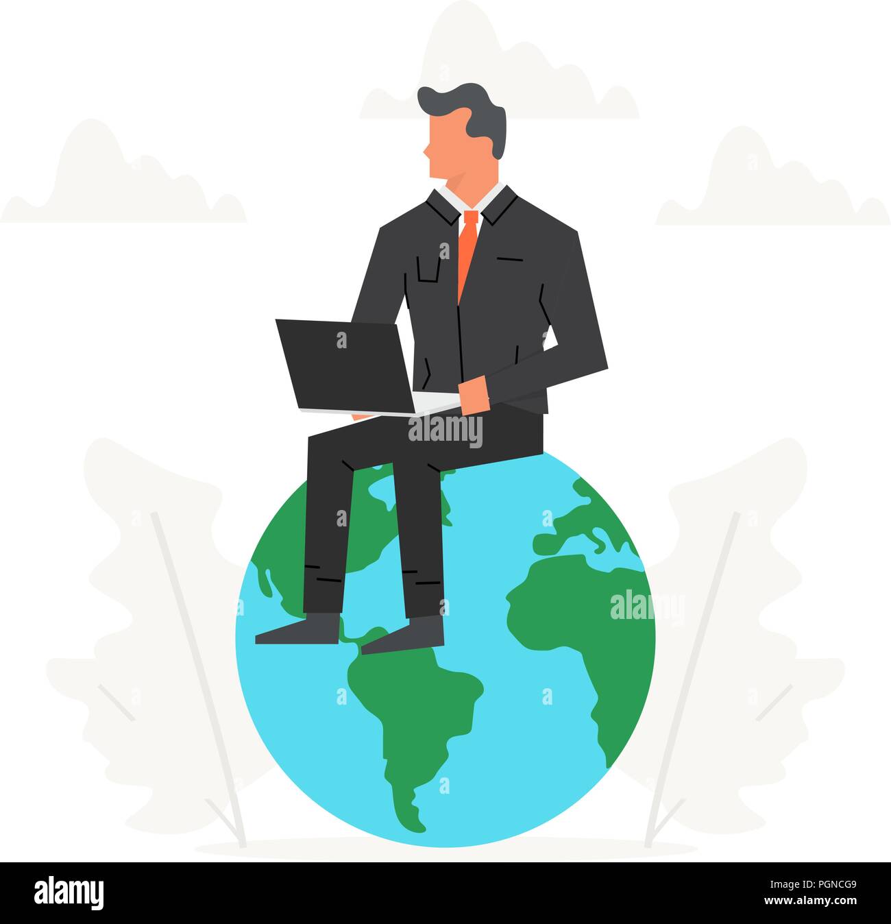 Businessman with laptop sits on a big planet. Success, leadership ...
