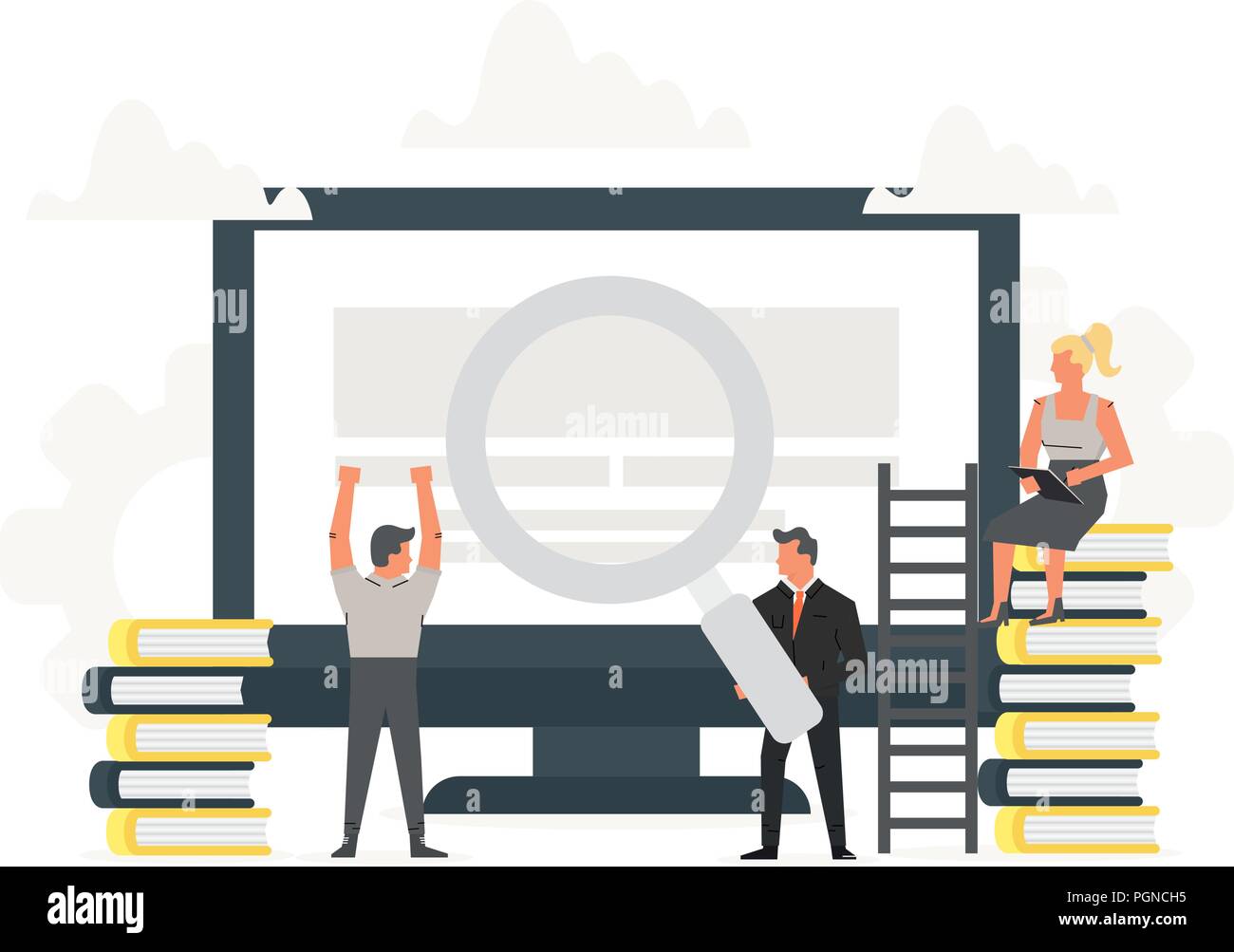 Vector illustration of computer under a magnifying glass on screen with ...