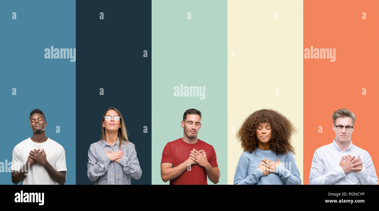 Group of people over vintage colors background smiling with hands on ...