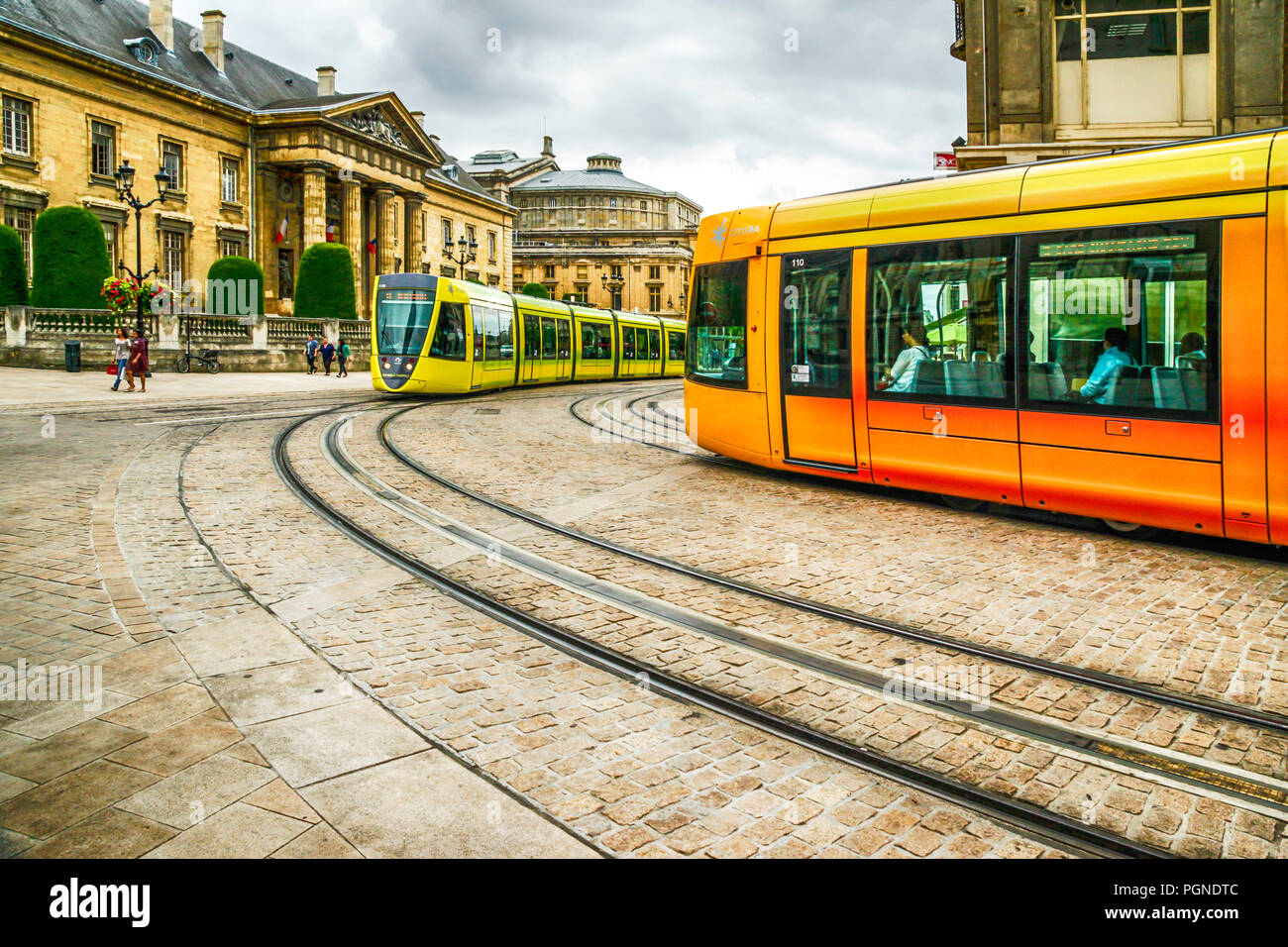 Modern trams in the center of Reims, France Stock Photo - Alamy