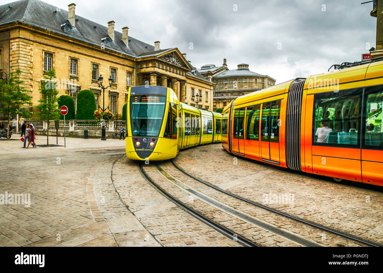 Modern trams in the center of Reims, France Stock Photo - Alamy
