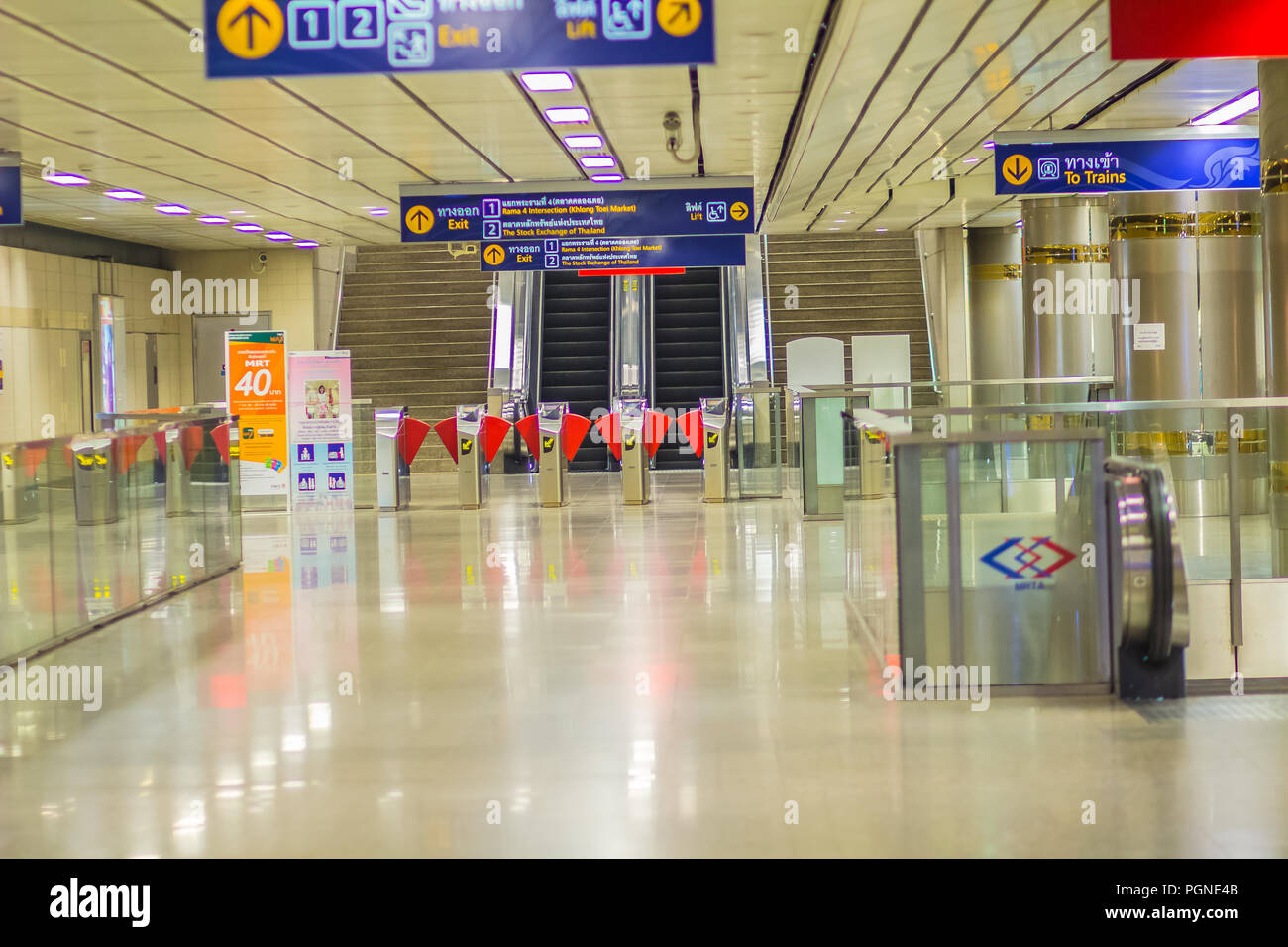 Bangkok, Thailand - February 22, 2017: View of barrier gate for access in to Silom MRT ...