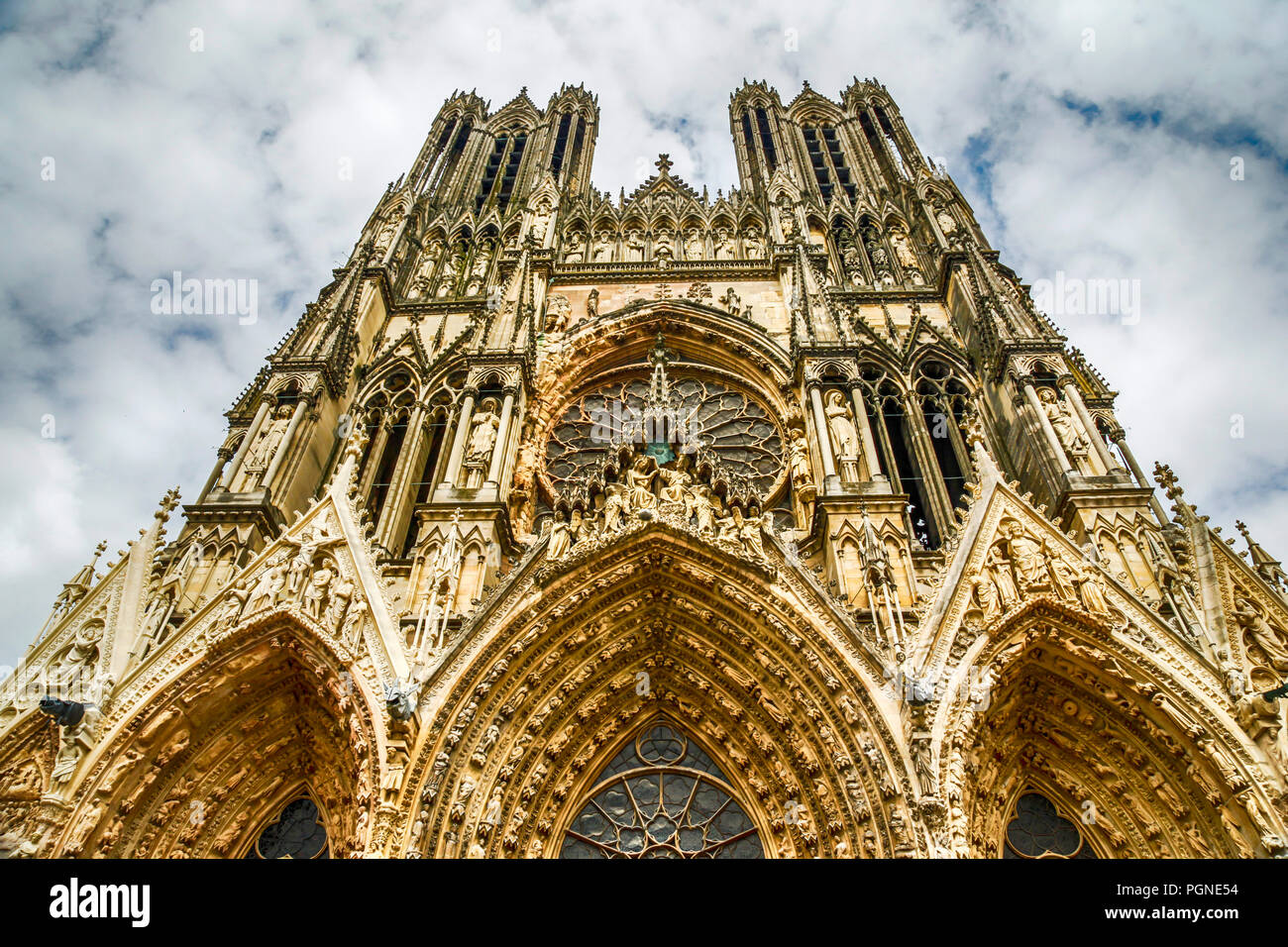 An upward view of the spires and Magnificent Architectural details of ...