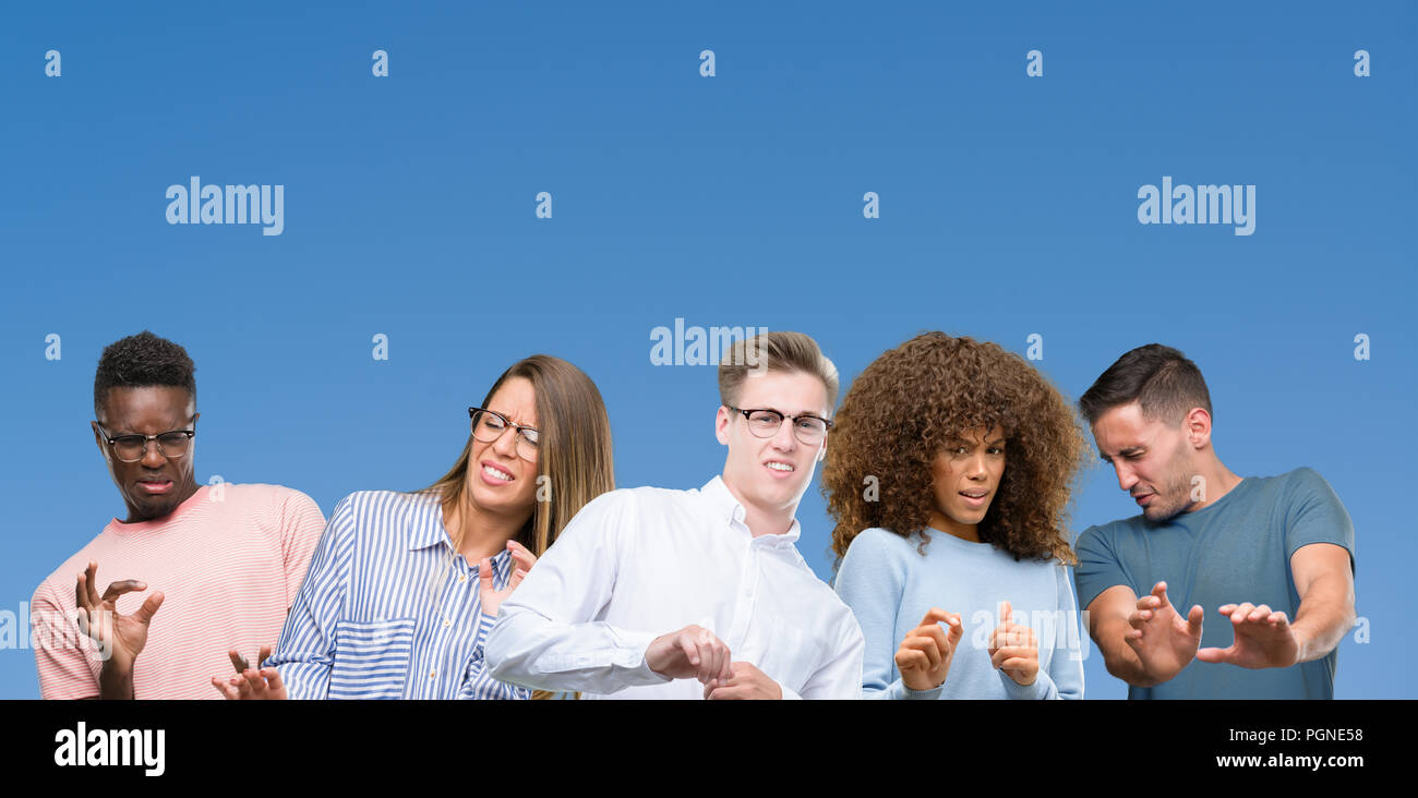 Composition of group of friends over blue blackground disgusted ...