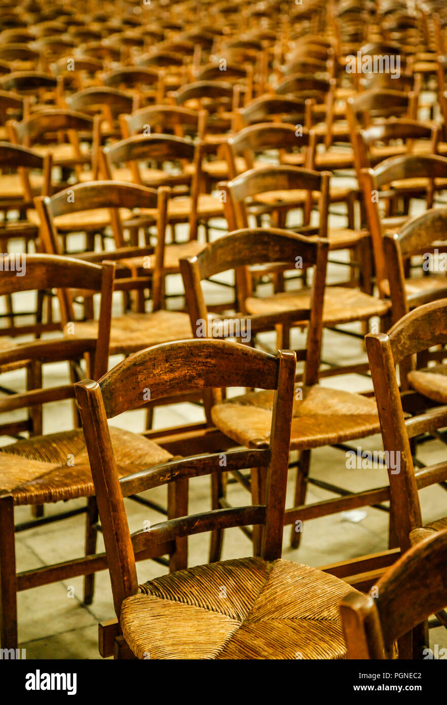 Rows of chairs for the congregation inside the Cathedral in Reims ...