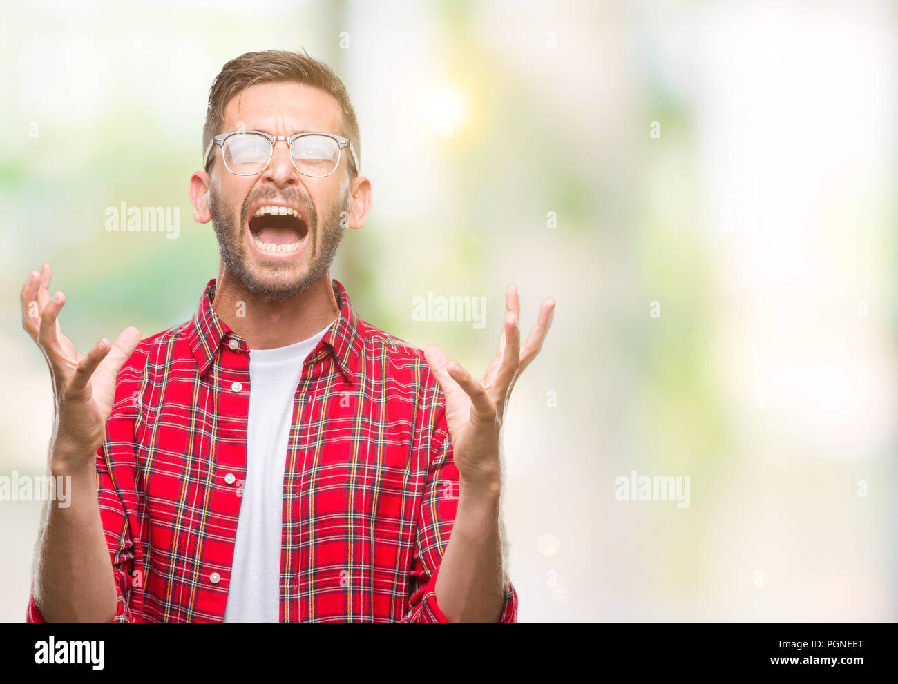 Young handsome man over isolated background crazy and mad shouting and ...