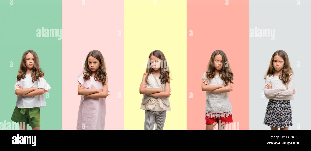 Collage Of Brunette Hispanic Girl Wearing Different Outfits Skeptic And