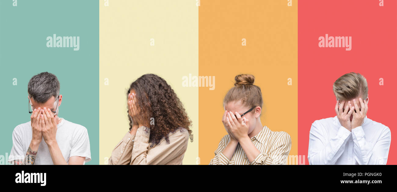 Collage of a group of people isolated over colorful background with sad ...
