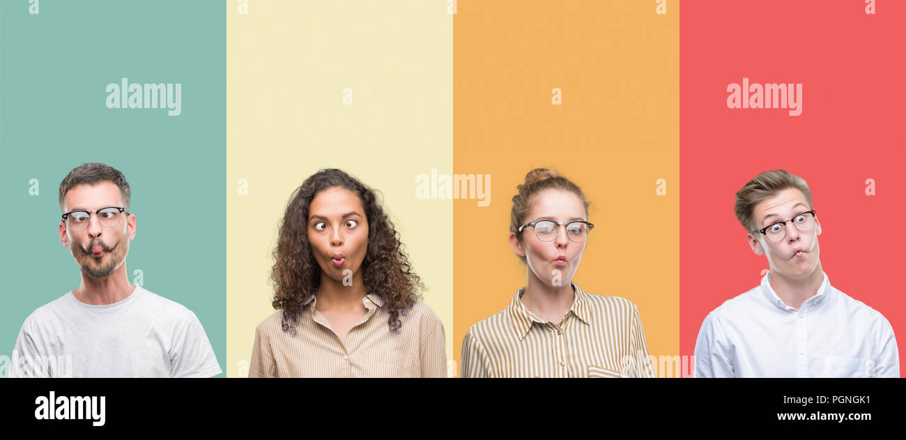 Collage of a group of people isolated over colorful background making ...