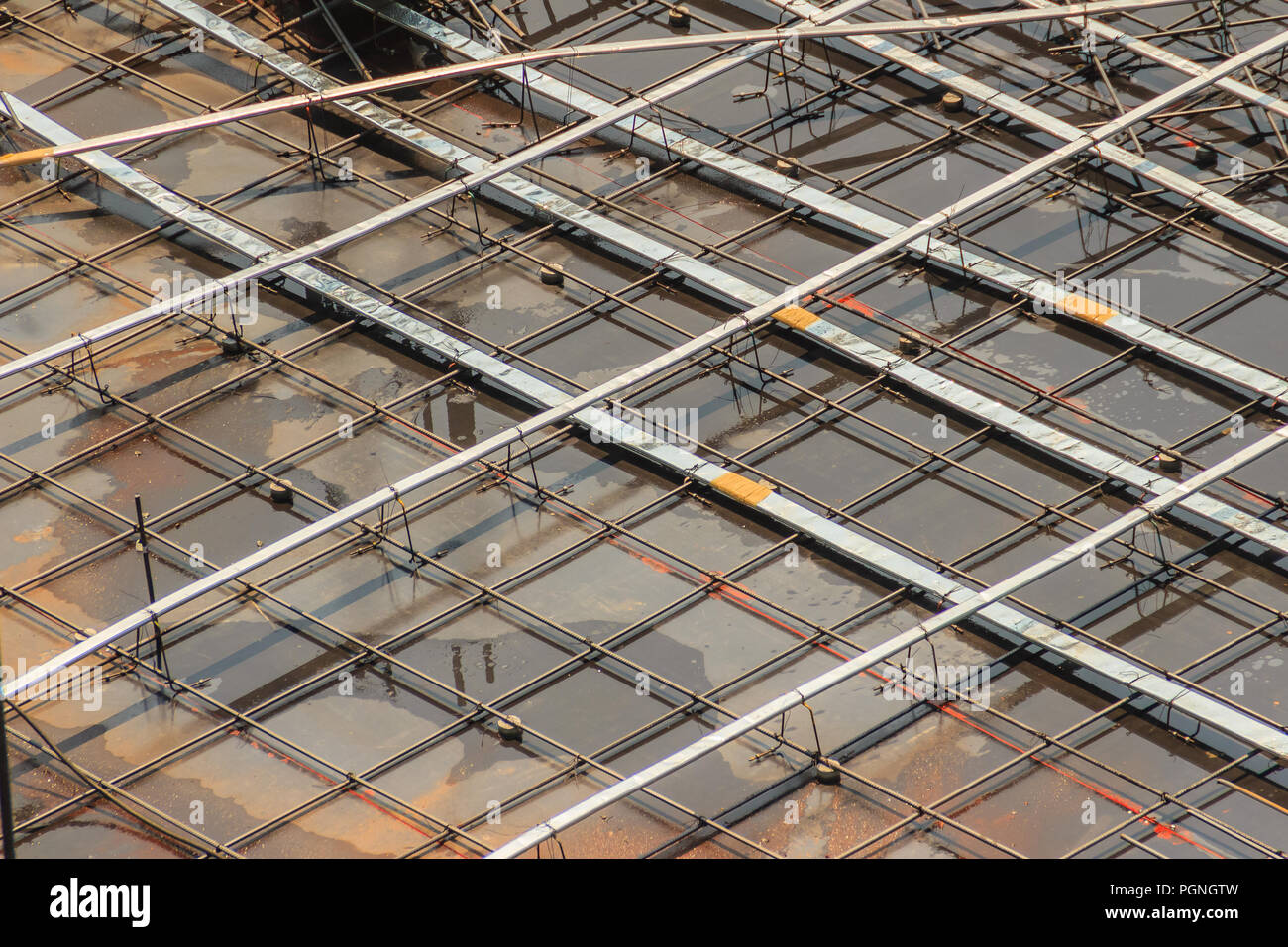 Cleaned floor slab reinforcement bar with post tension cable tendon on ...