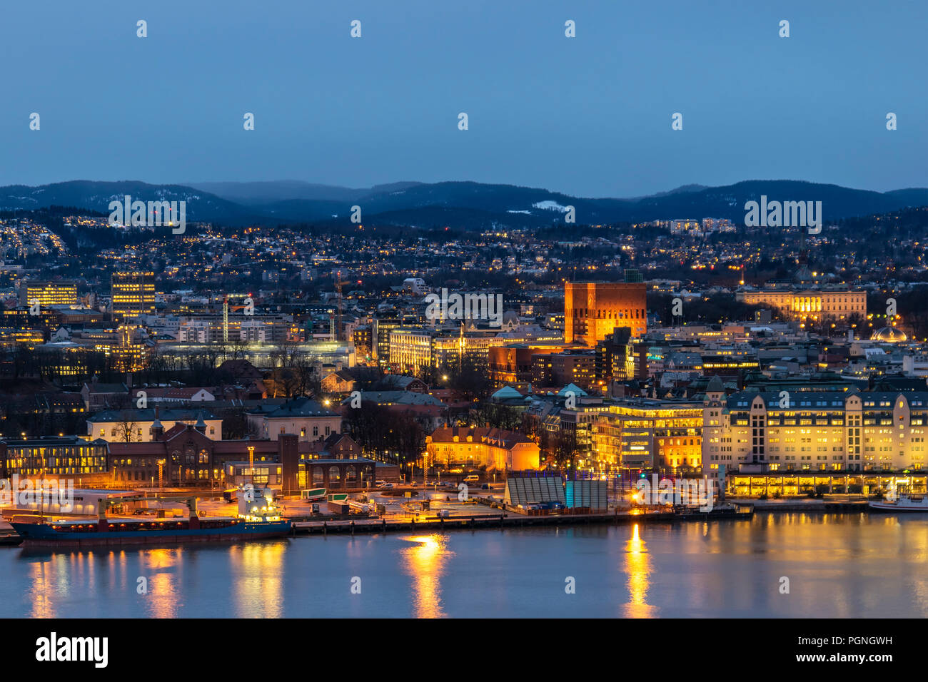 Oslo night city skyline at Oslo City Hall and Harbour, Oslo Norway ...