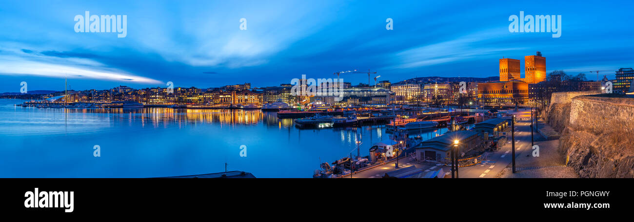 Oslo panorama night city skyline at Oslo City Hall and Harbour, Oslo ...