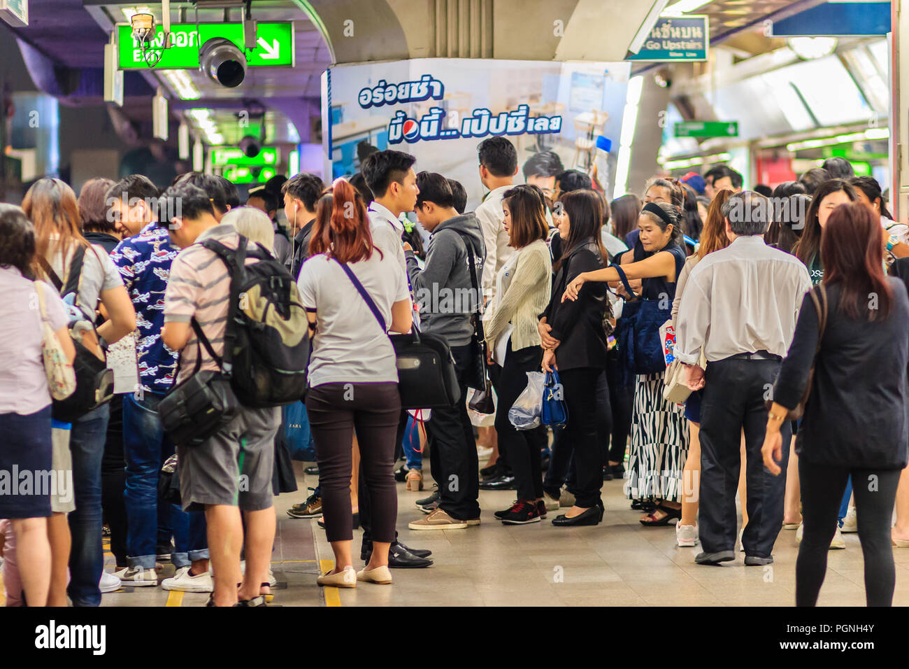 Bangkok, Thailand - February 28, 2017: Crowd of passengers on BTS ...