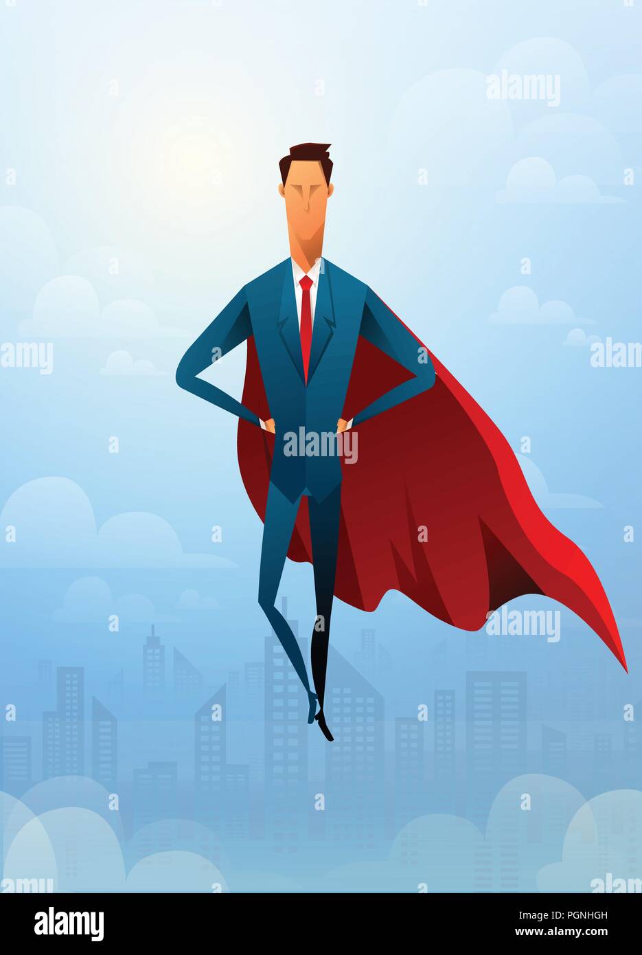 Handsome Businessman super leader flying in front of civil city and ...