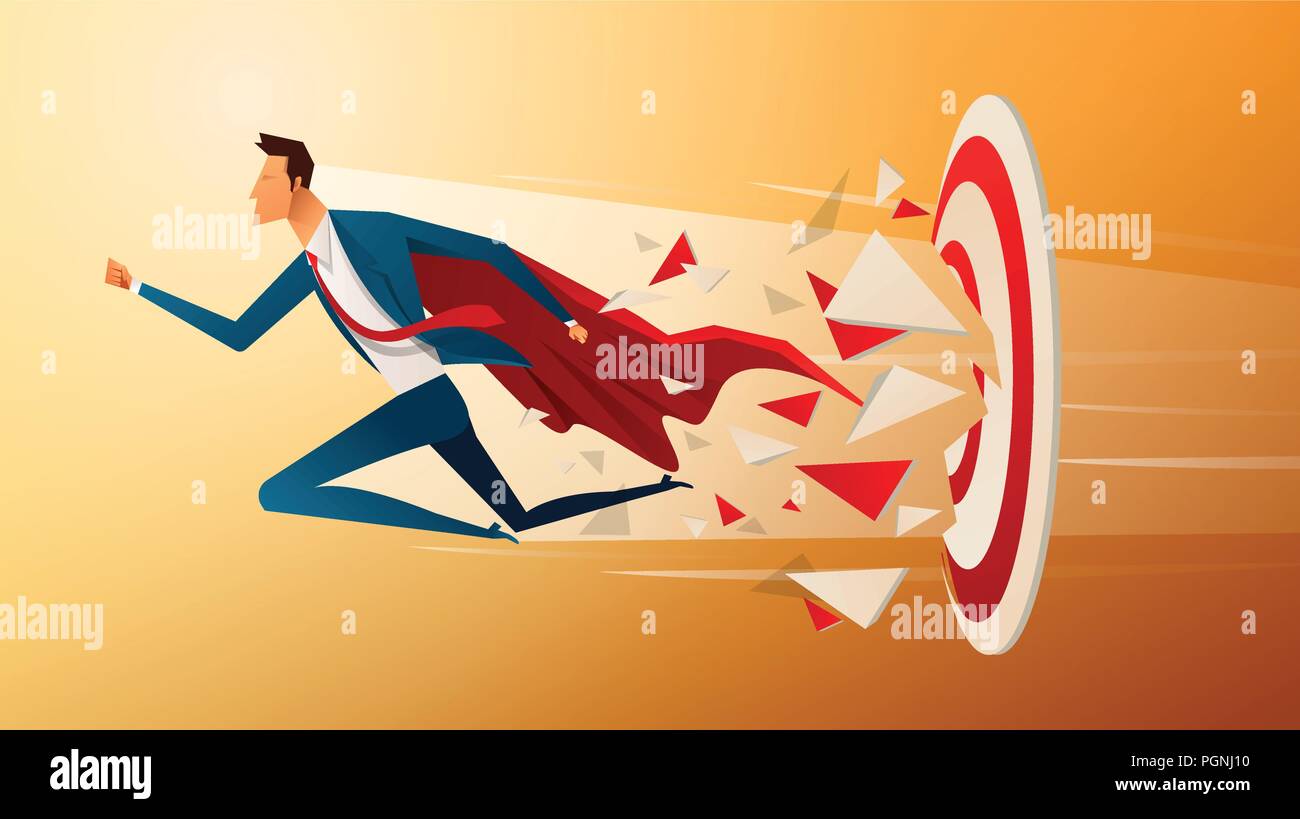 Super businessman running and breaking target archery to Successful ...