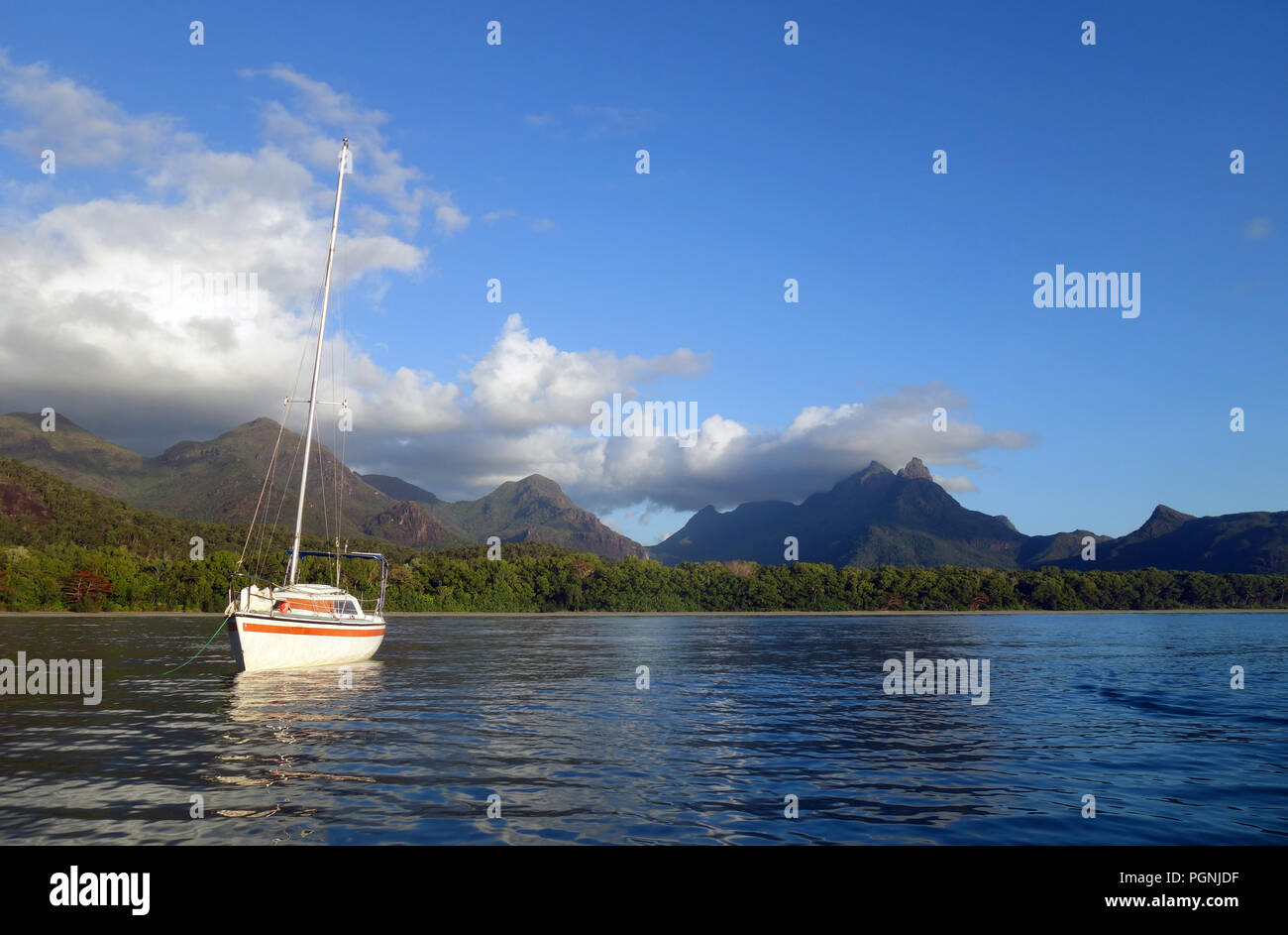 Yacht moored in Zoe Bay, Hinchinbrook Island National Park, Queensland ...