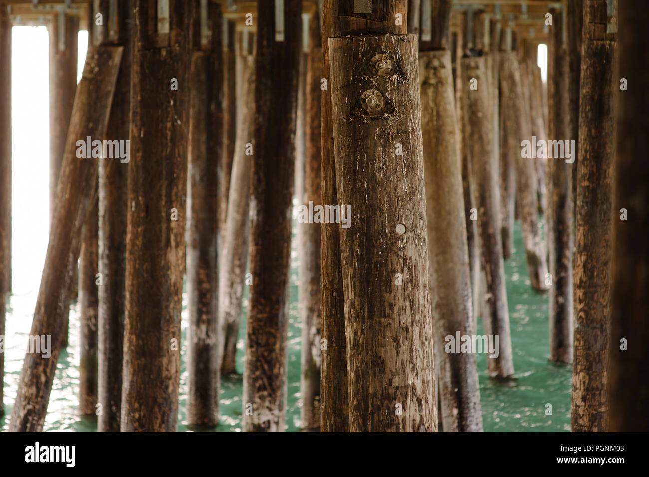 Wooden pier pylons with ocean Stock Photo - Alamy