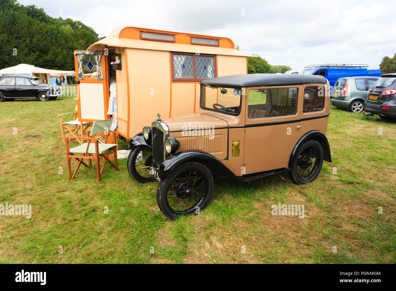Austin Seven car with old caravan at a local steam show, Leicester ...