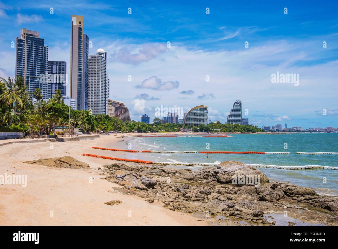 PATTAYA, THAILAND - JUNE 30: View of a quiet beach with high rise ...