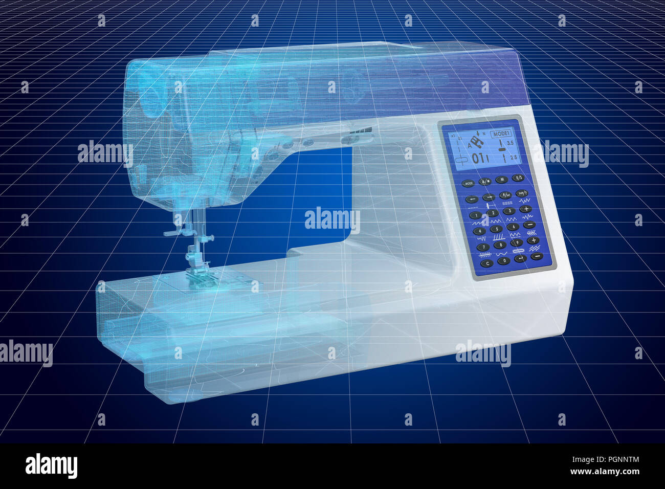 Visualization 3d cad model of sewing machine, blueprint. 3D rendering ...