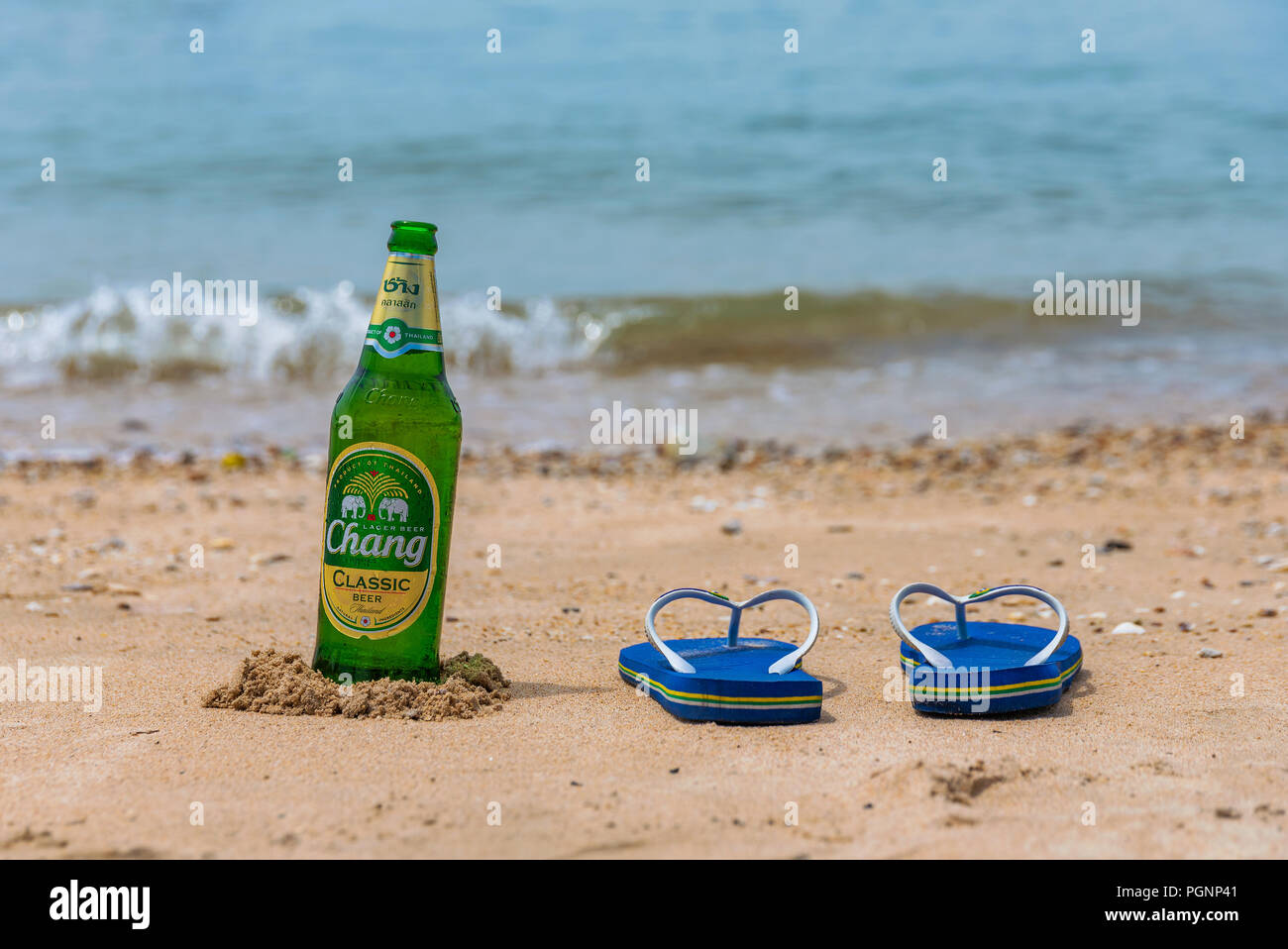 PATTAYA, THAILAND - JULY 10: Chang beer, one of Thailand's most popular ...