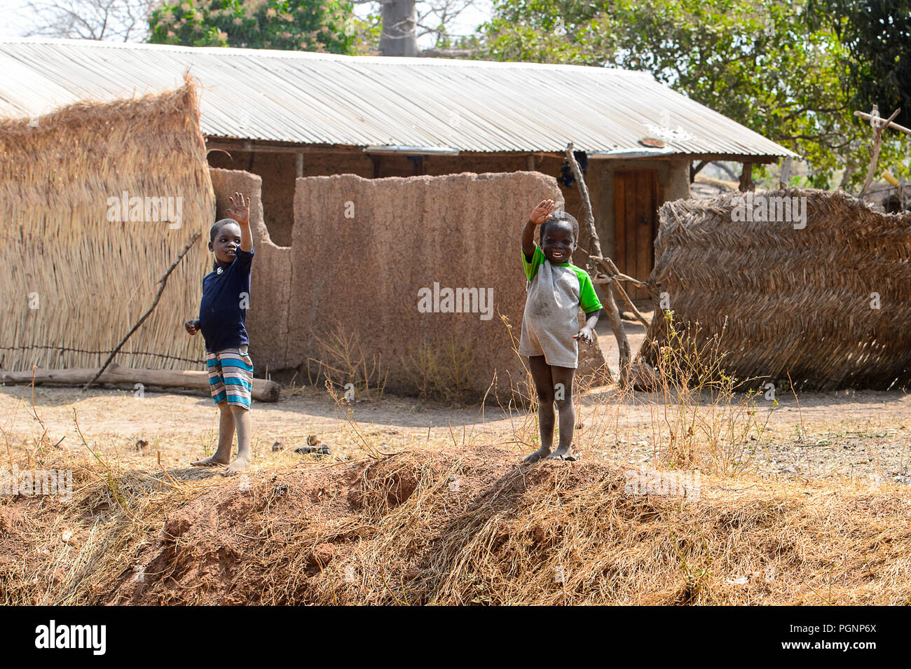 KARA REG., TOGO - JAN 14, 2017: Unidentified Konkomba little boy waves ...