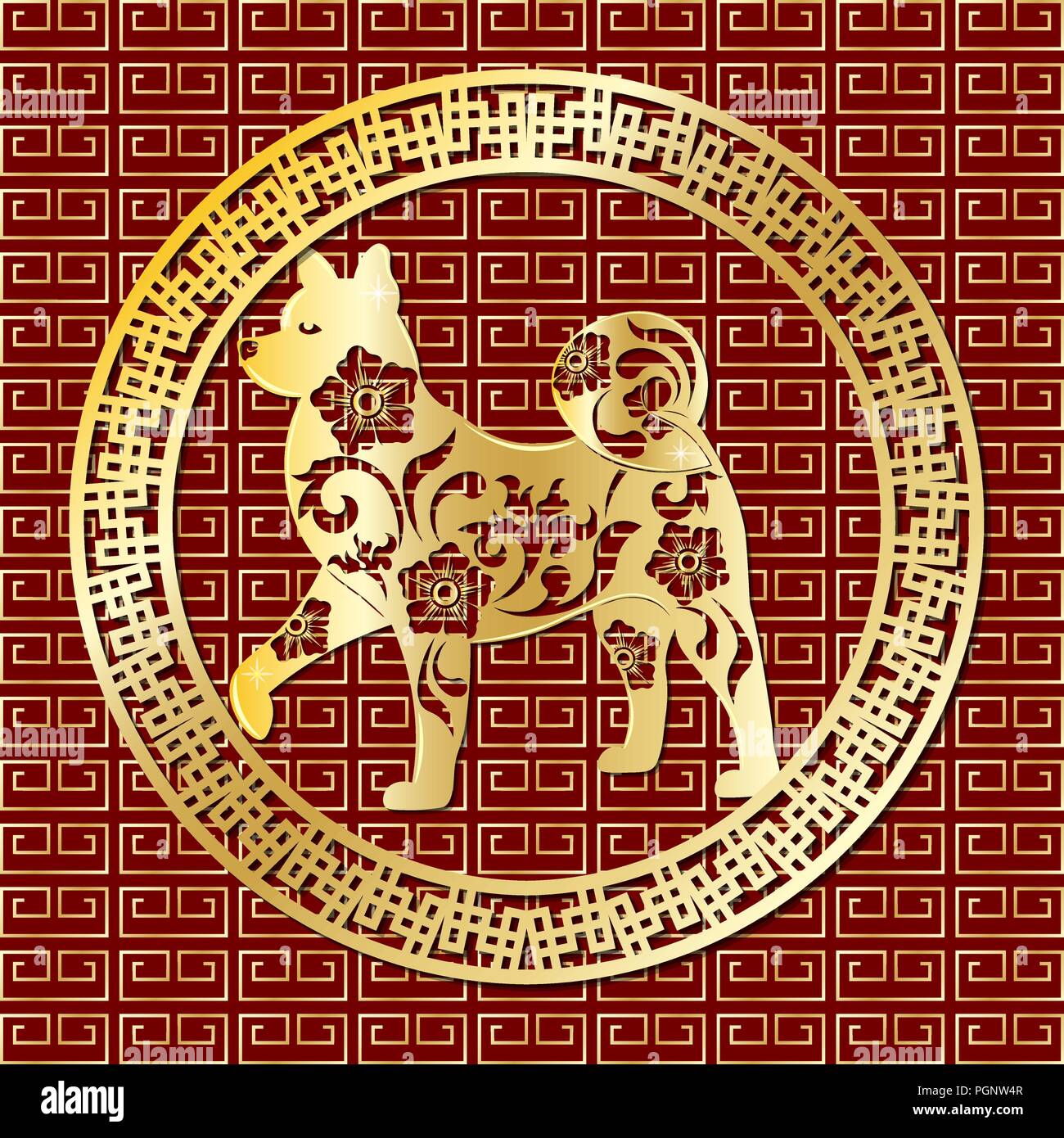 golden dog on Chinese pattern and red background in vector design Stock ...