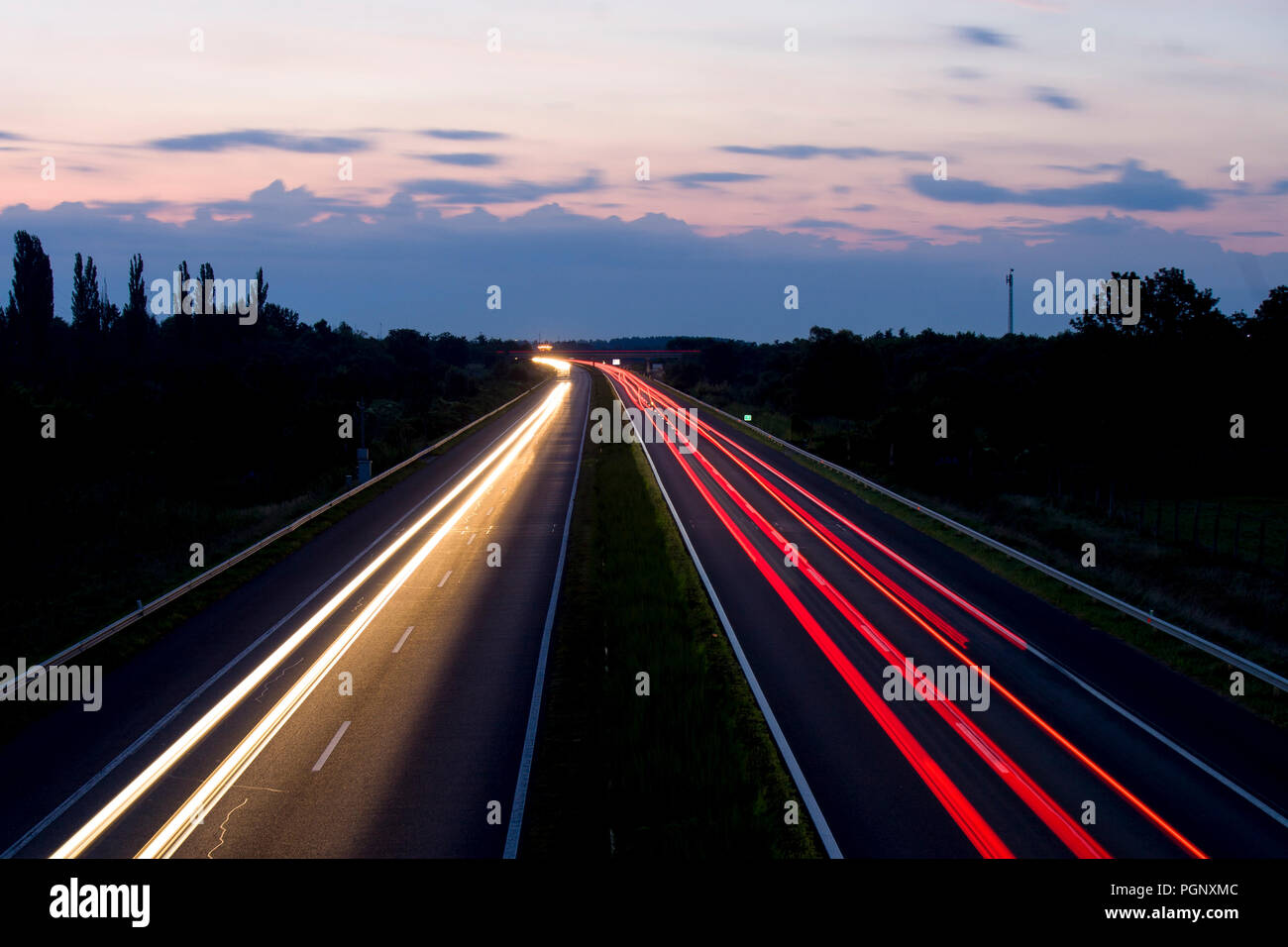 Hungarian highway at night showing vehicles lights, low shutter speed ...