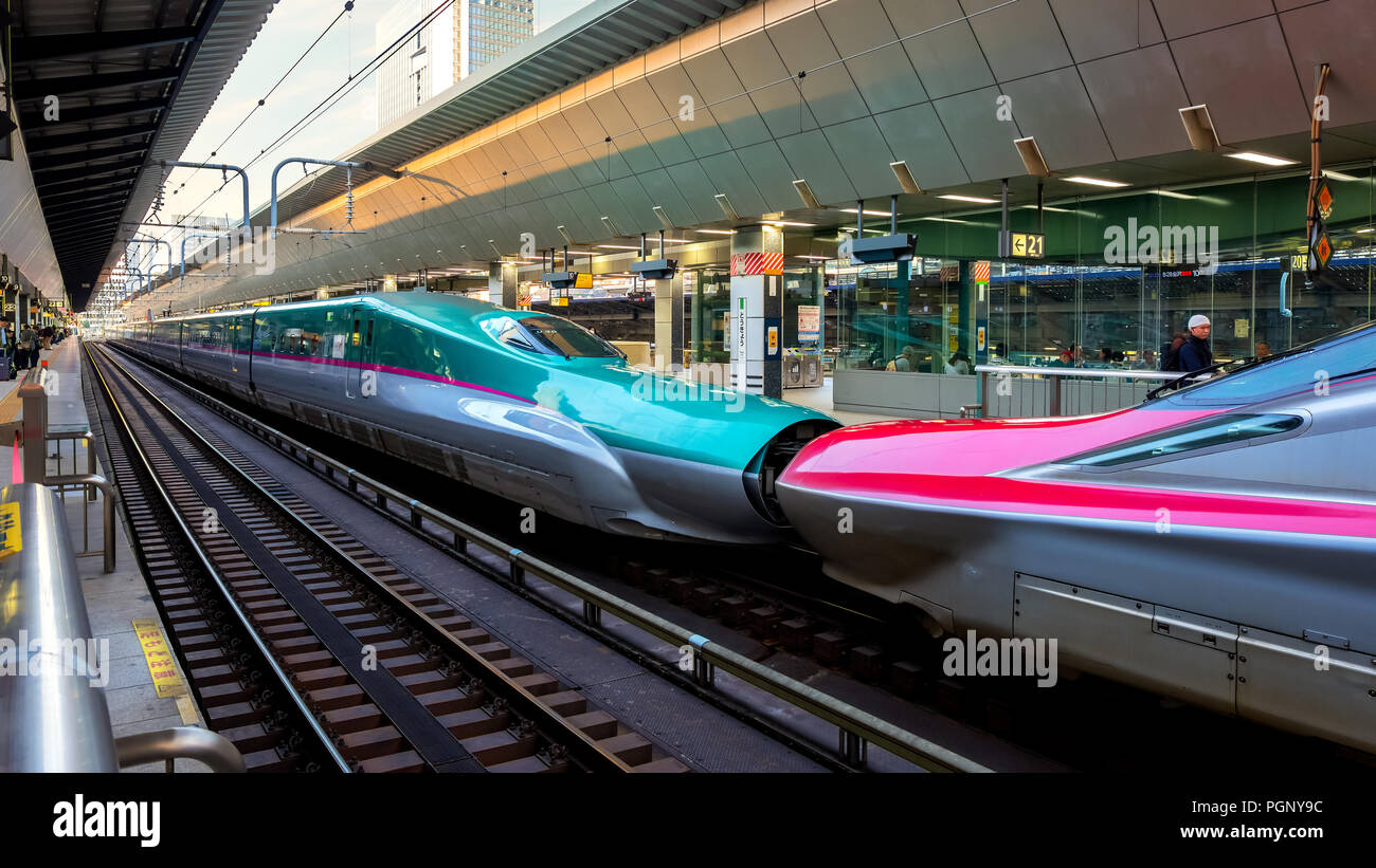 TOKYO, JAPAN - APRIL 21 2018: Japanese Shinkansen high speed train Hayabusa (left) and Komachi ...