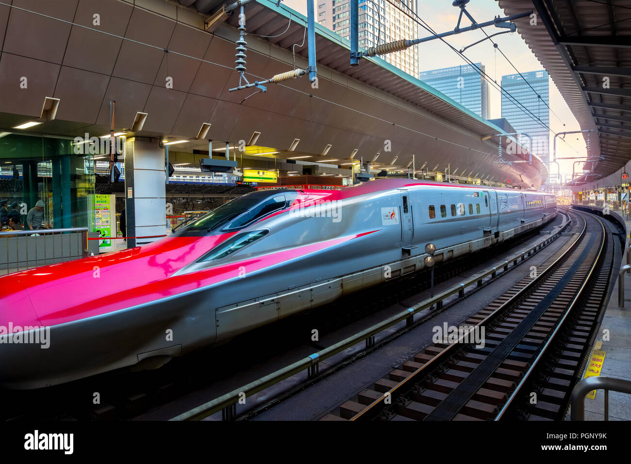TOKYO, JAPAN - APRIL 21 2018: Japanese Shinkansen high speed train Komachi travels up north east ...