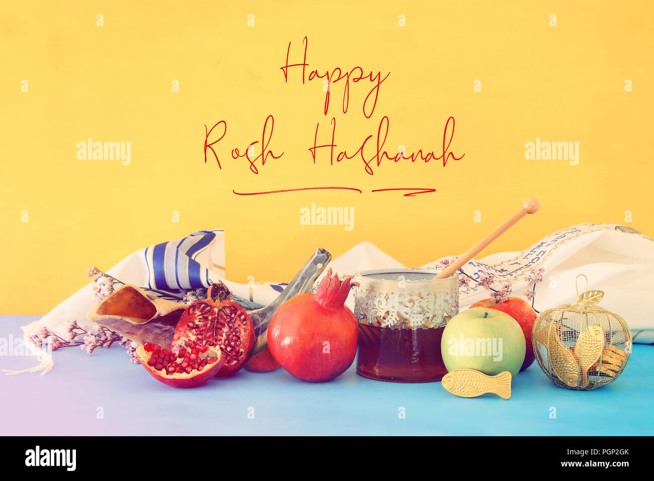 Rosh hashanah (jewish New Year holiday) concept. Traditional symbols ...