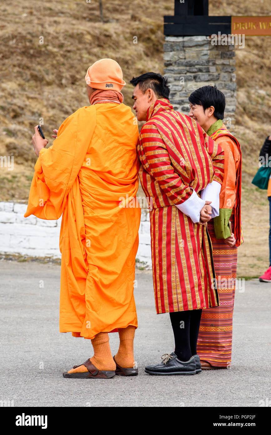 TRIMPHU, BHUTAN - MAR 8, 2017: Unidentified Ngalops men in traditional ...