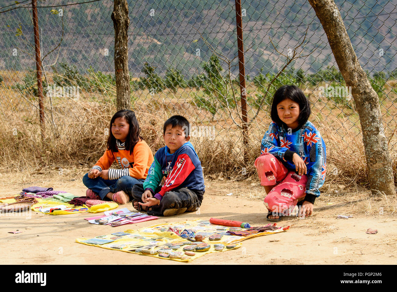 TRIMPHU, BHUTAN - MAR 8, 2017: Unidentified Ngalops children play on ...