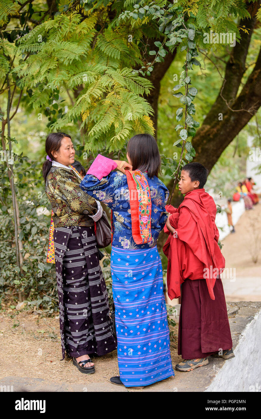 TRIMPHU, BHUTAN - MAR 8, 2017: Unidentified Ngalops women talk about ...