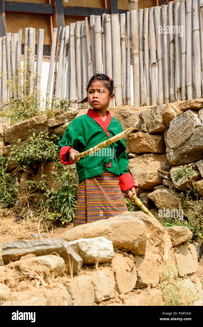 TRIMPHU, BHUTAN - MAR 8, 2017: Unidentified Ngalops little girl in ...