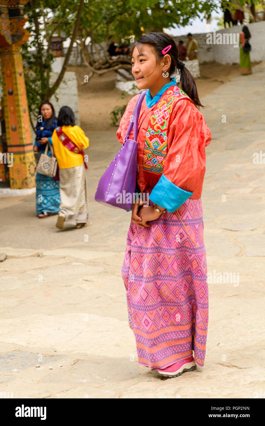 TRIMPHU, BHUTAN - MAR 8, 2017: Unidentified Ngalops girl in traditional ...