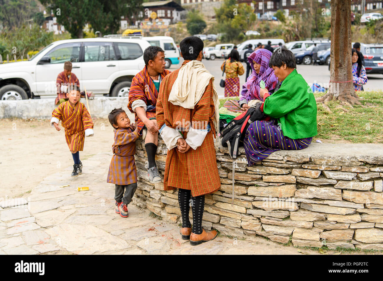 TRIMPHU, BHUTAN - MAR 8, 2017: Unidentified Ngalops people talk about ...