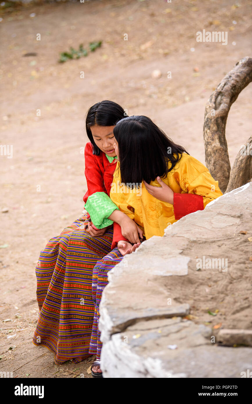 TRIMPHU, BHUTAN - MAR 8, 2017: Unidentified Ngalops girls talk about ...