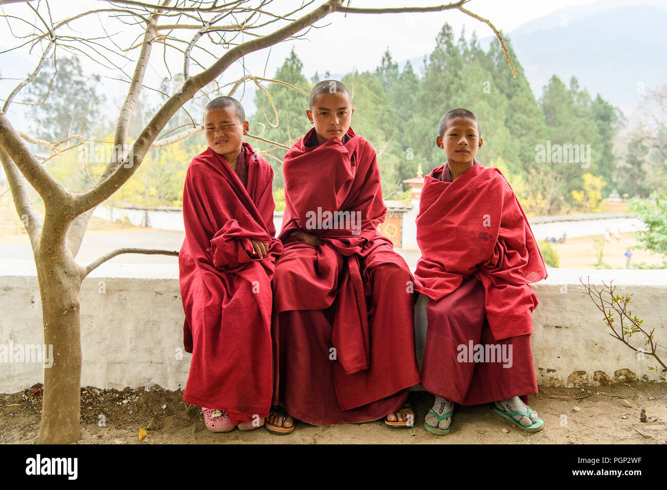 TRIMPHU, BHUTAN - MAR 8, 2017: Unidentified Ngalops boys in traditional ...