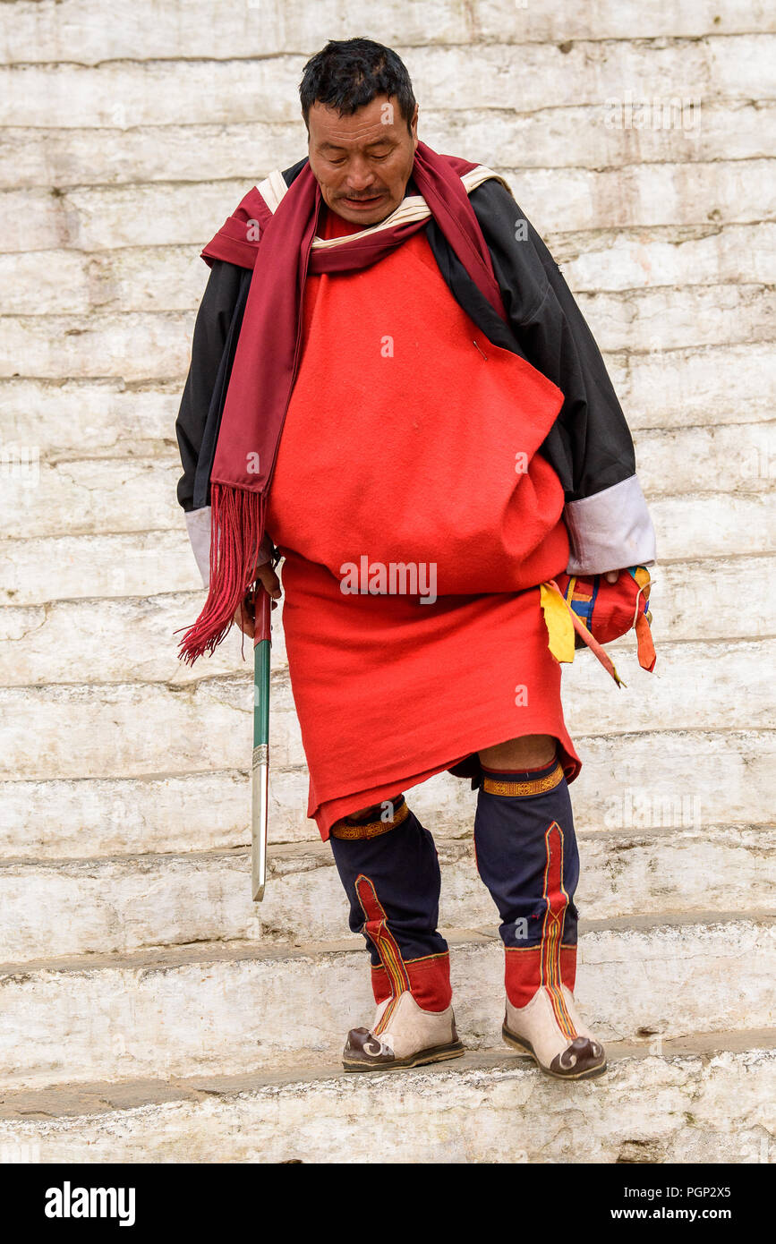 TRIMPHU, BHUTAN - MAR 8, 2017: Unidentified Ngalops man in traditional ...