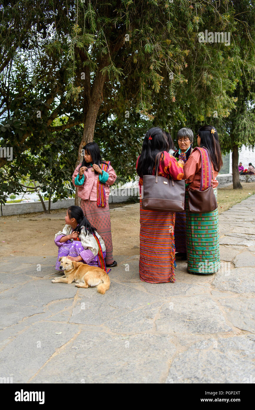 TRIMPHU, BHUTAN - MAR 8, 2017: Unidentified Ngalops women talk about ...