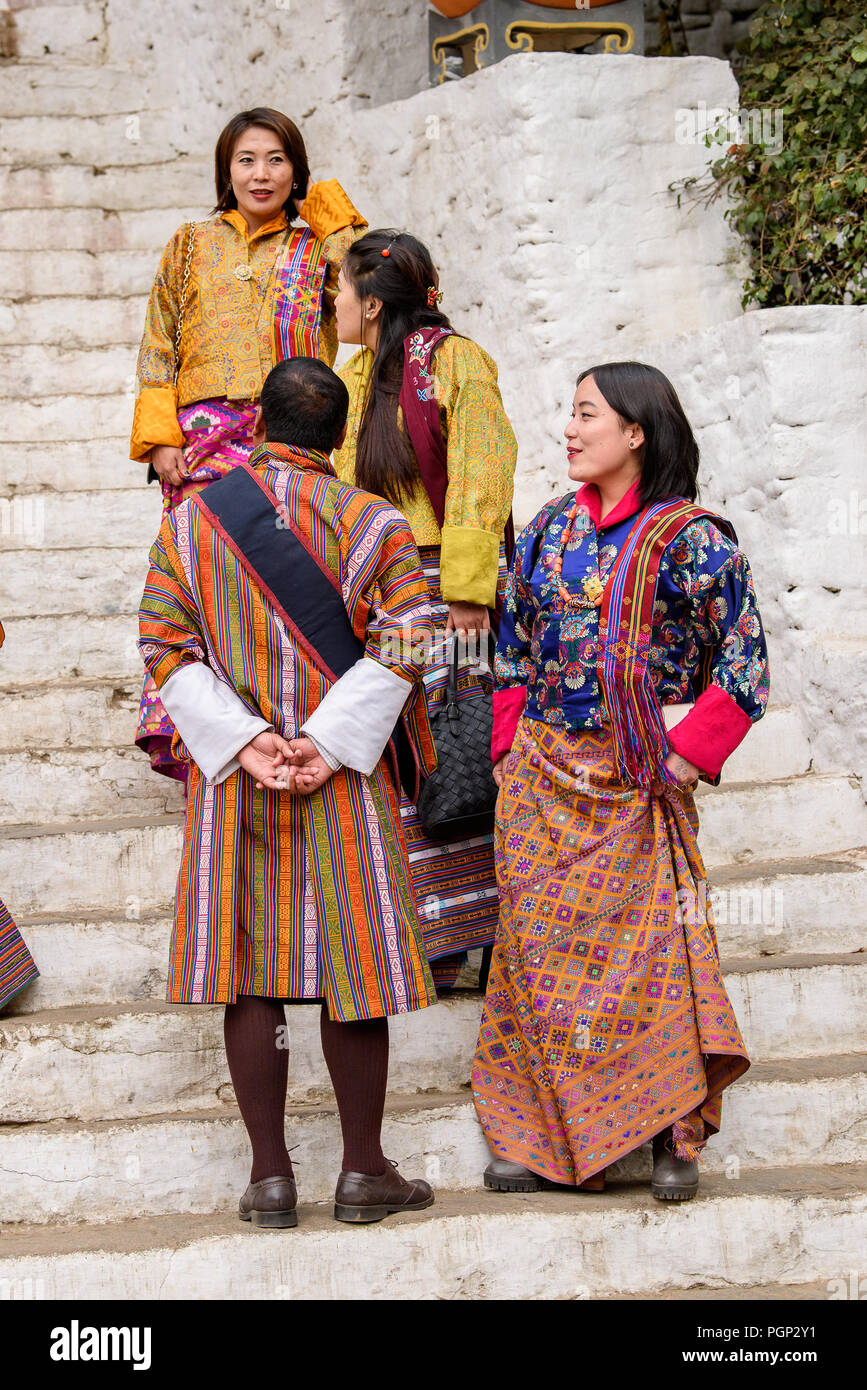 TRIMPHU, BHUTAN - MAR 8, 2017: Unidentified Ngalops people walk on the ...