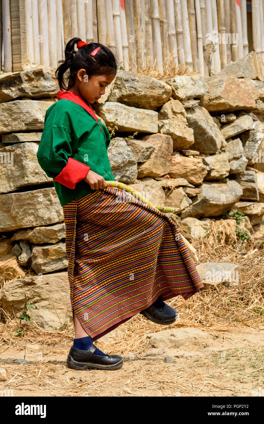 TRIMPHU, BHUTAN - MAR 8, 2017: Unidentified Ngalops little girl in ...