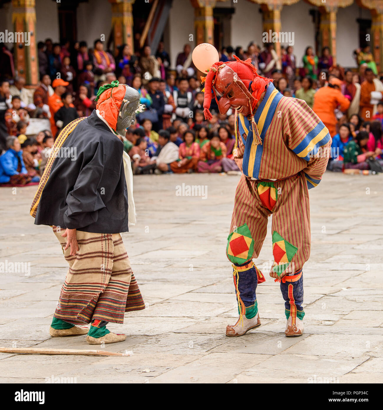 TRIMPHU, BHUTAN - MAR 8, 2017: Unidentified Ngalops men in masks show ...