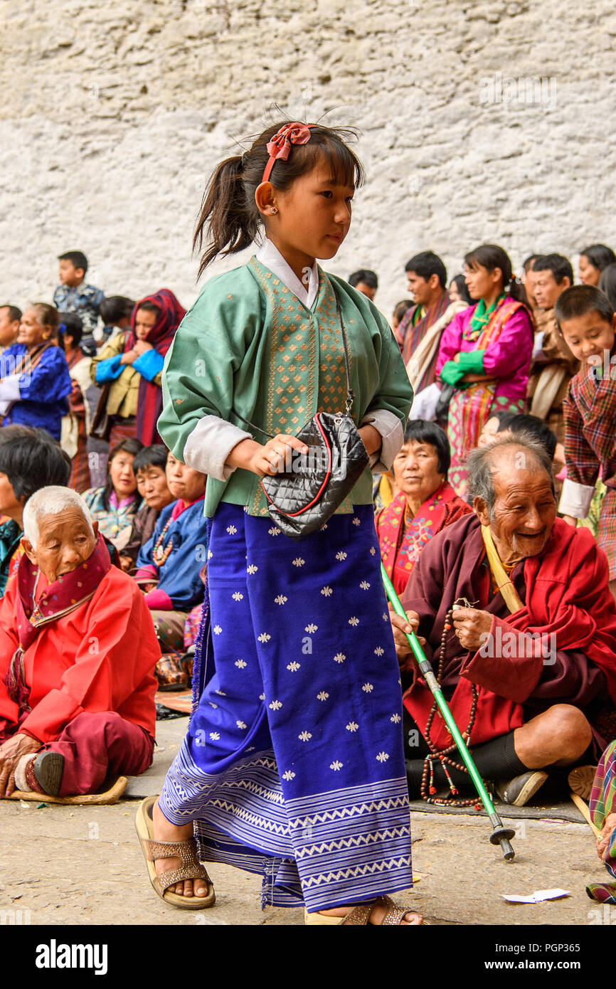 TRIMPHU, BHUTAN - MAR 8, 2017: Unidentified Ngalops people watch the ...