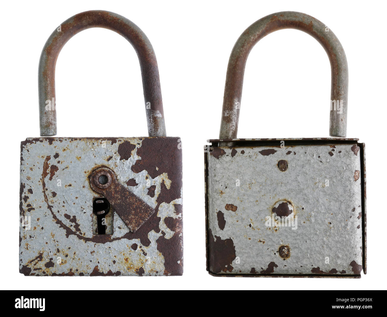 A vintage rusty door lock was stained with gray enamel. Isolated on ...
