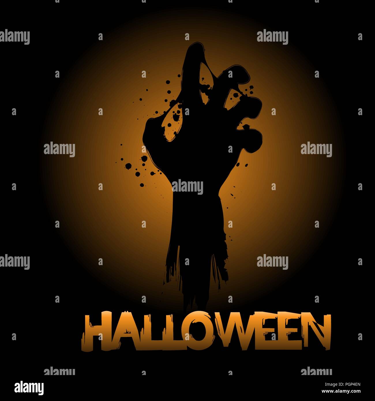 Dark orange background with black grunge zombie hand and text Stock ...