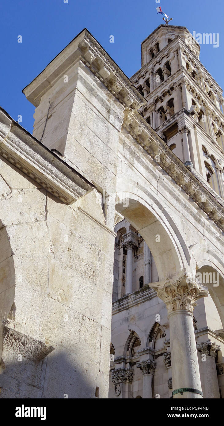 Ancient Roman wall, the tower and arches of the Diocletian Palace in ...